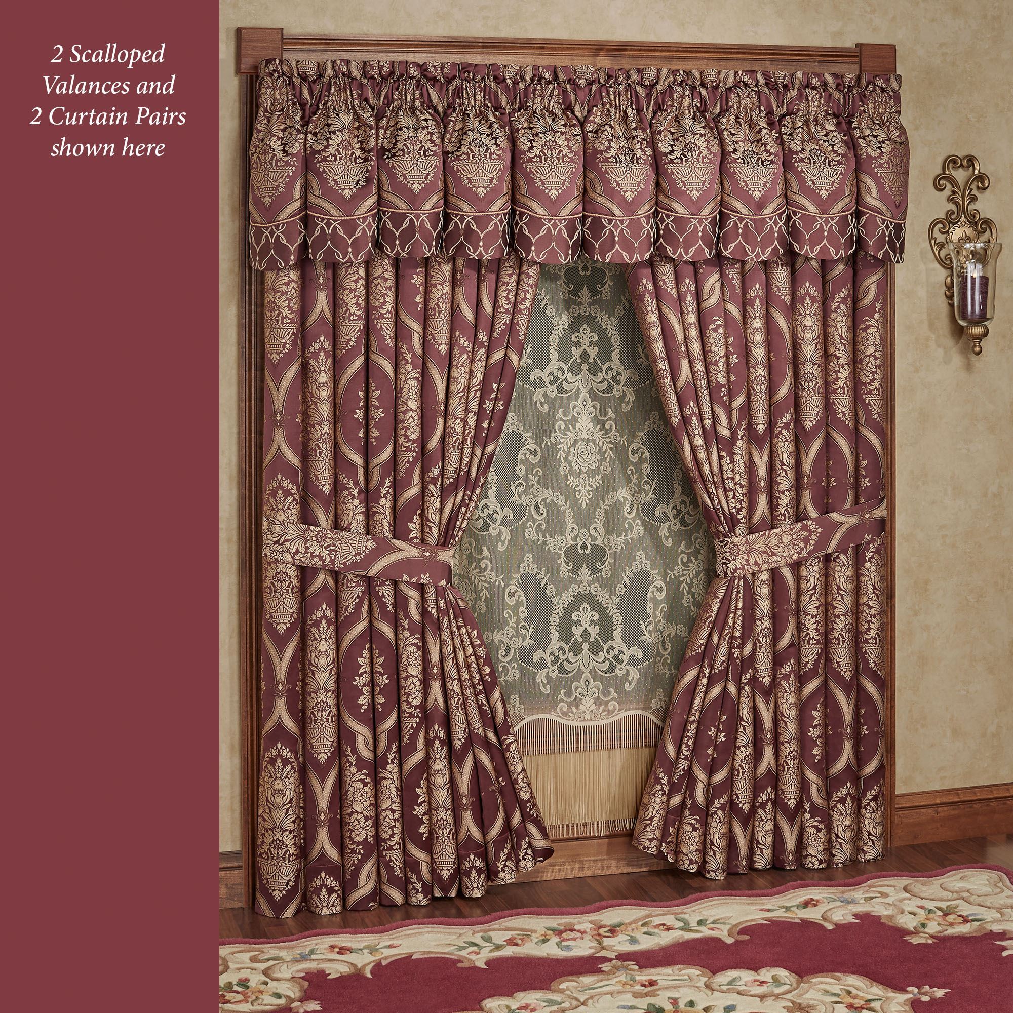 Laurelton Damask Medallion Wine Scalloped Valance Window Treatment