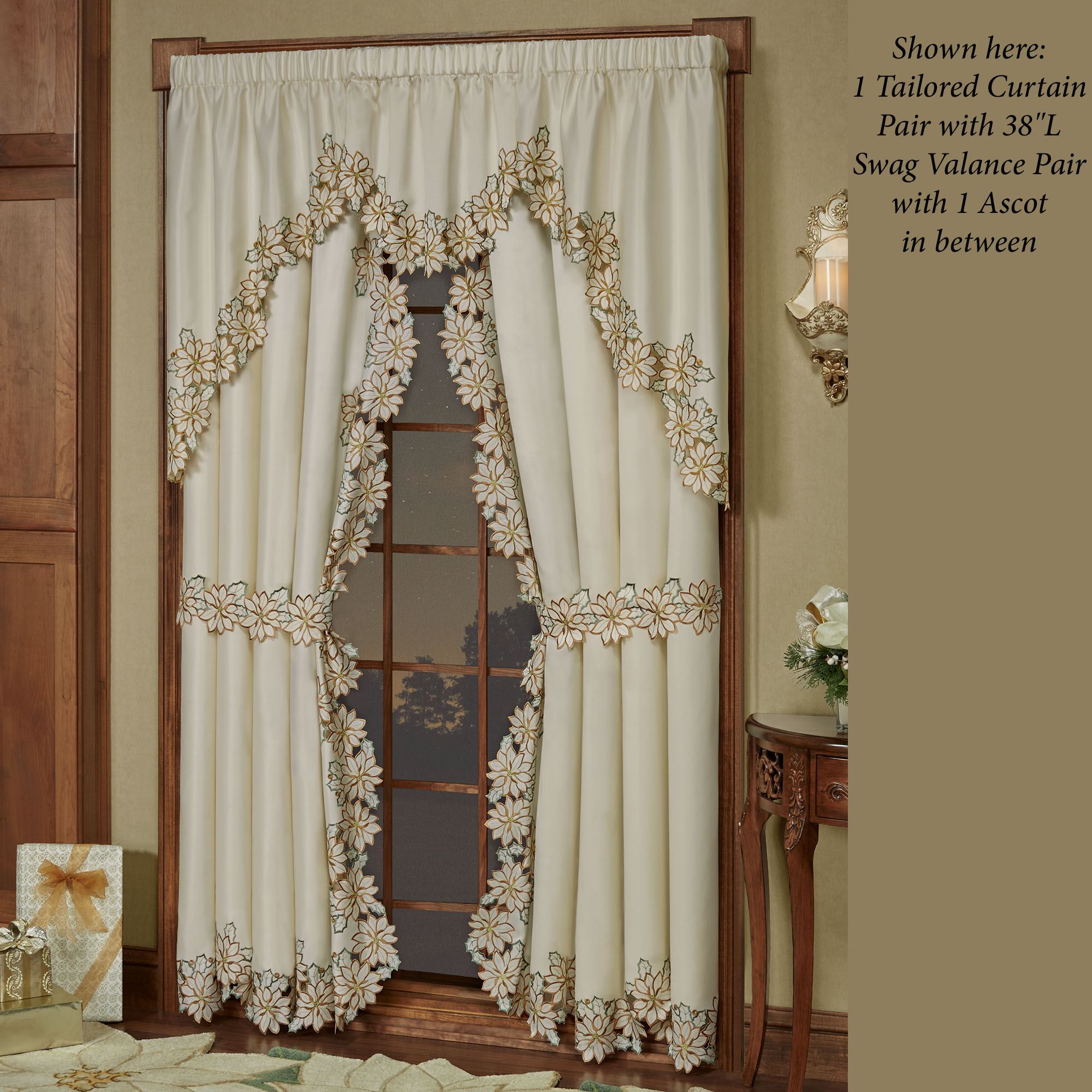 Winter Poinsettia Ivory Cutwork Scalloped Window Treatment