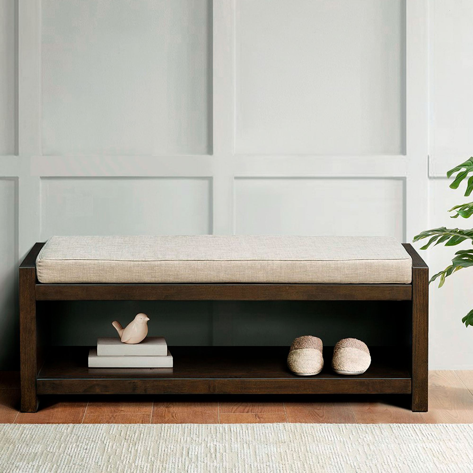 Anya 48 Inch Wide Walnut Wooden Cushioned Accent Bench with Open ...