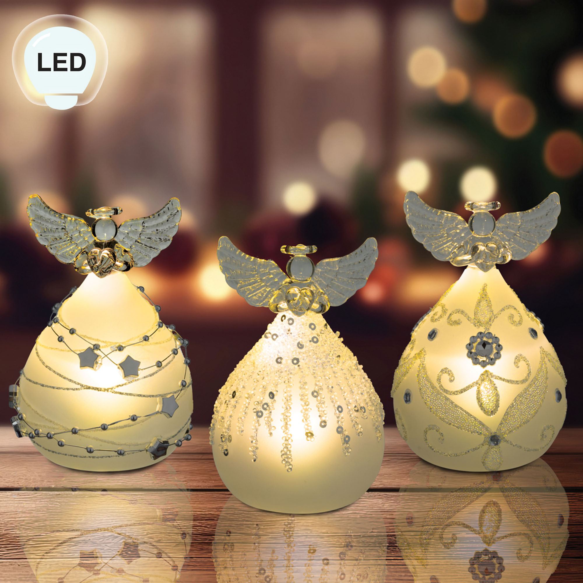 Frost Teardrop LED Lighted Glass Angel Figurine Set