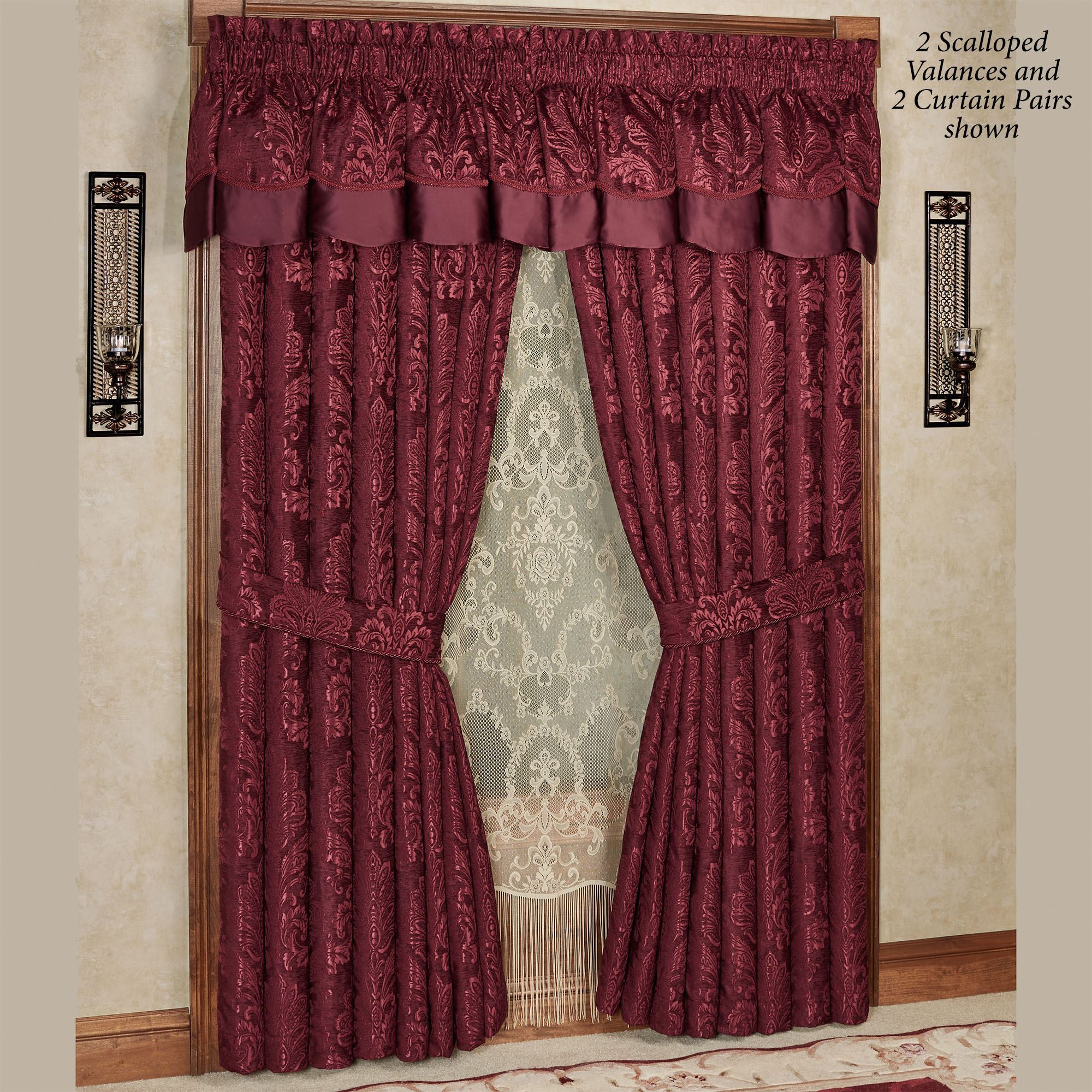 Camelot Burgundy Damask Scalloped Valance Window Treatment