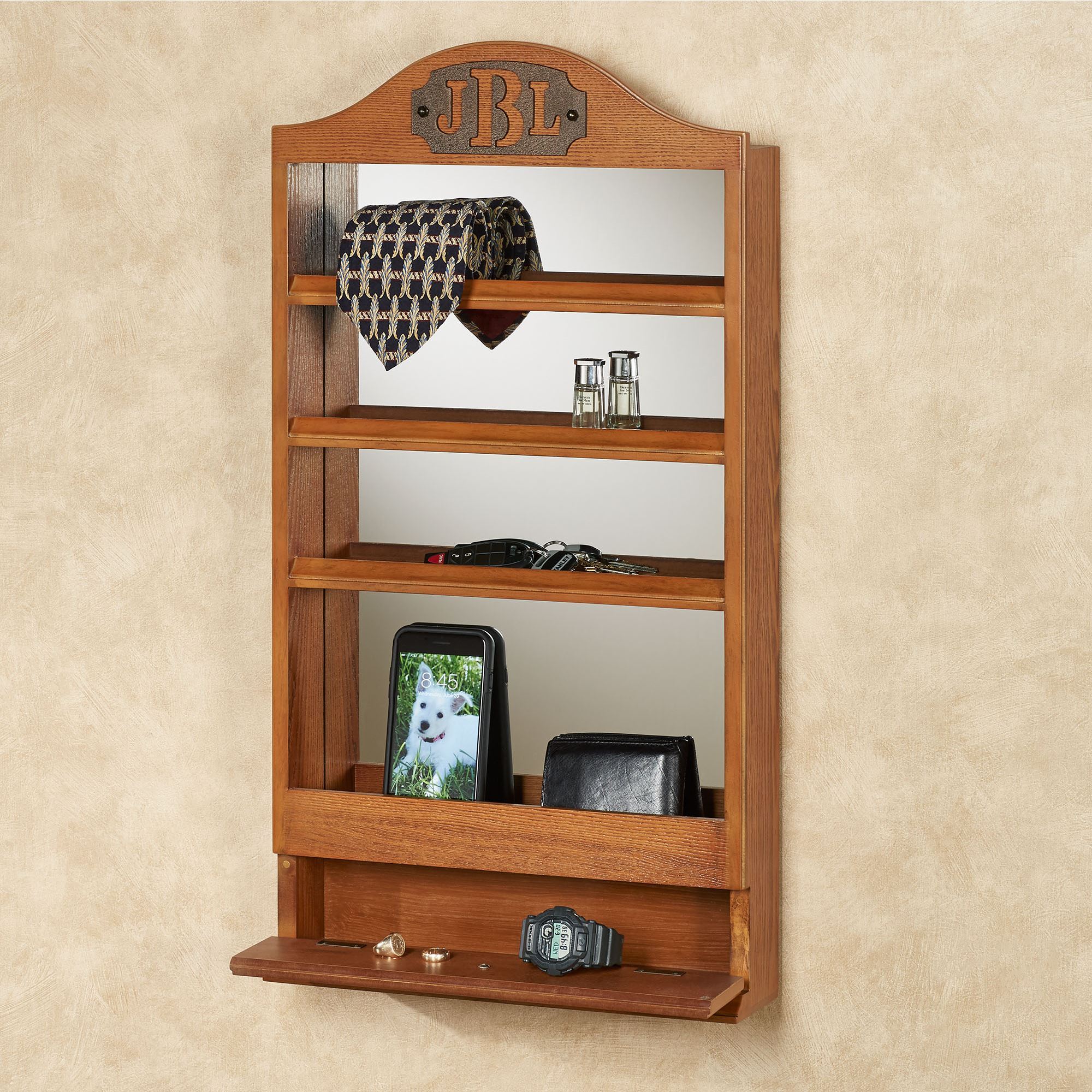 Quinn Windsor Oak Personalized Mirrored Wall Shelf